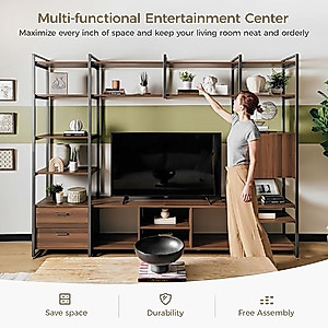 EUREKA ERGONOMIC Entertainment Center, TV Stand with Drawers Cabinet Storage Bookshelves, 111 Inch Wide Modern Media Console Cabinet for 65" TV Walnut Veneer Metal TV Console Table for Living Room