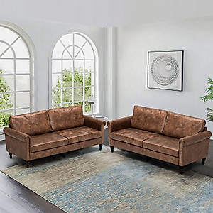 ACMEASE 80” Faux Leather Sofa with Nailhead Trim, Traditional 2 Seater Couch with Rolled Arms, Upholstered Loveseat Sofa for Living Room, Apartment, Studio, Office, Brown