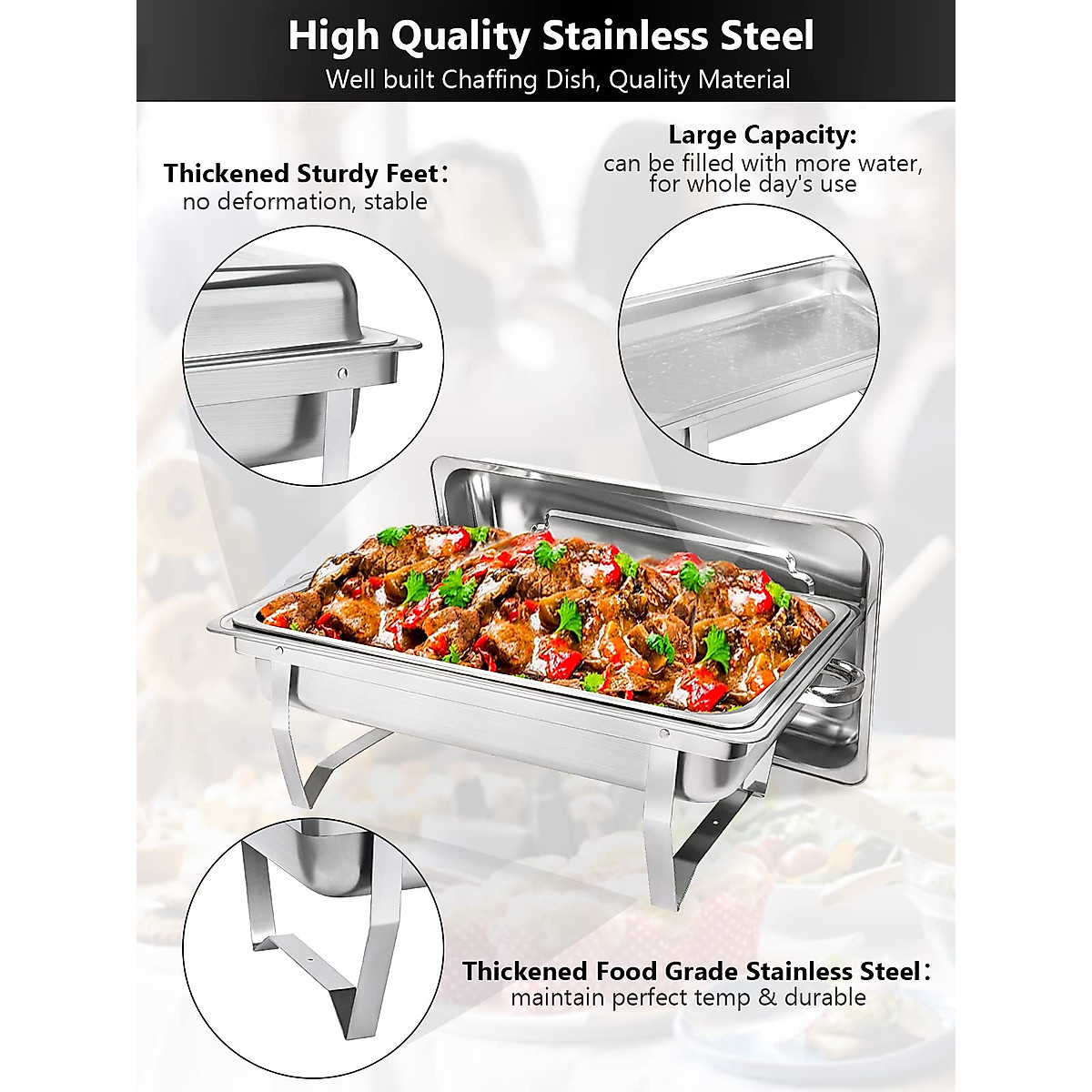 Granvell Rectangular Chafing Dish Buffet Set, Catering Food Warmer for Parties, Wedding, Birthday, Christmas, Chafing Server Dish, 8QT Water Pan, 4 Pack
