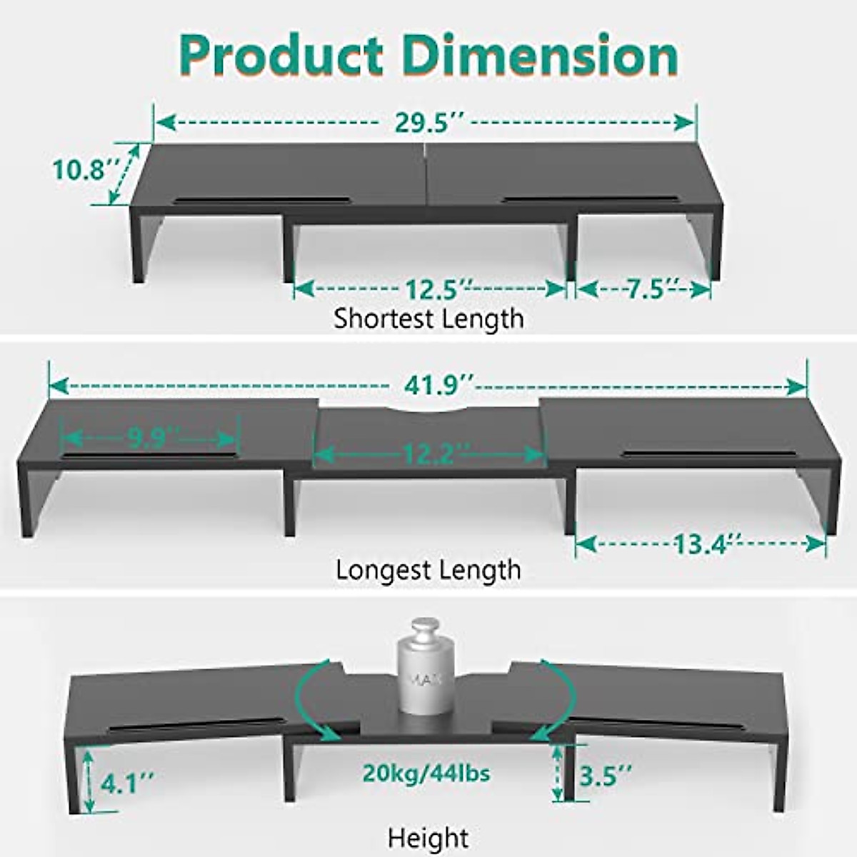 WALI Dual Monitor Stand Riser, 3 Shelf Laptop and Computer Monitor Stand with Phone Holder, Length and Angle Adjustable Desk Organizer (PTT007T-B), Black