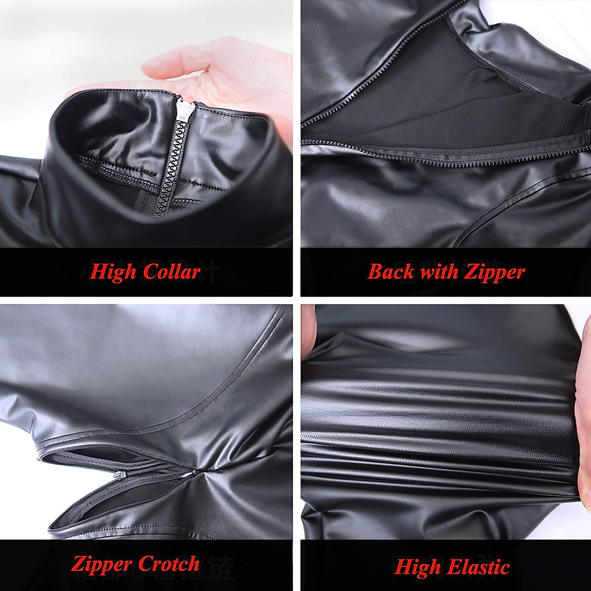 LESOYA Women's Sexy Shiny Wetlook Leather Long Sleeve Zipper Crotch Bodysuit Full Body Catsuit Jumpsuit Clubwear