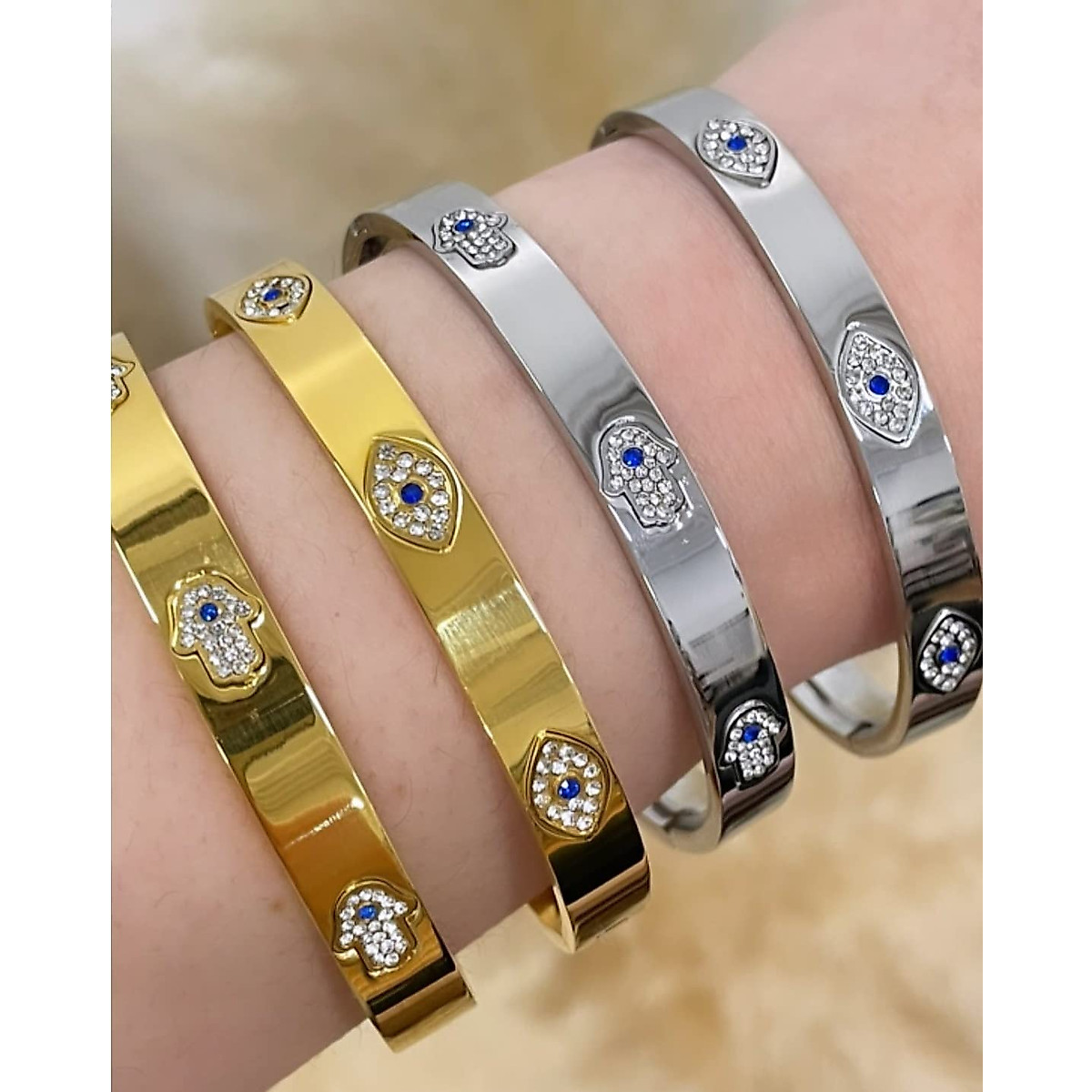 My Daily Styles Stainless Steel White Blue CZ Hamsa Good Luck Bangle Bracelet, 7.5" (White/Evil Eye)