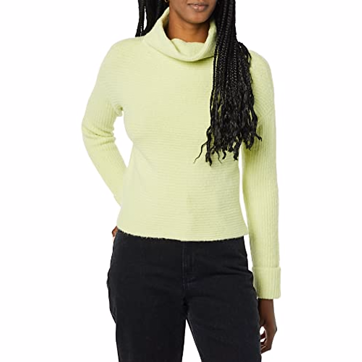 Daily Ritual Women's Cozy Boucle Horizontal Knit Long-Sleeve Mock Neck Sweater, Bright Olive Green, X-Small