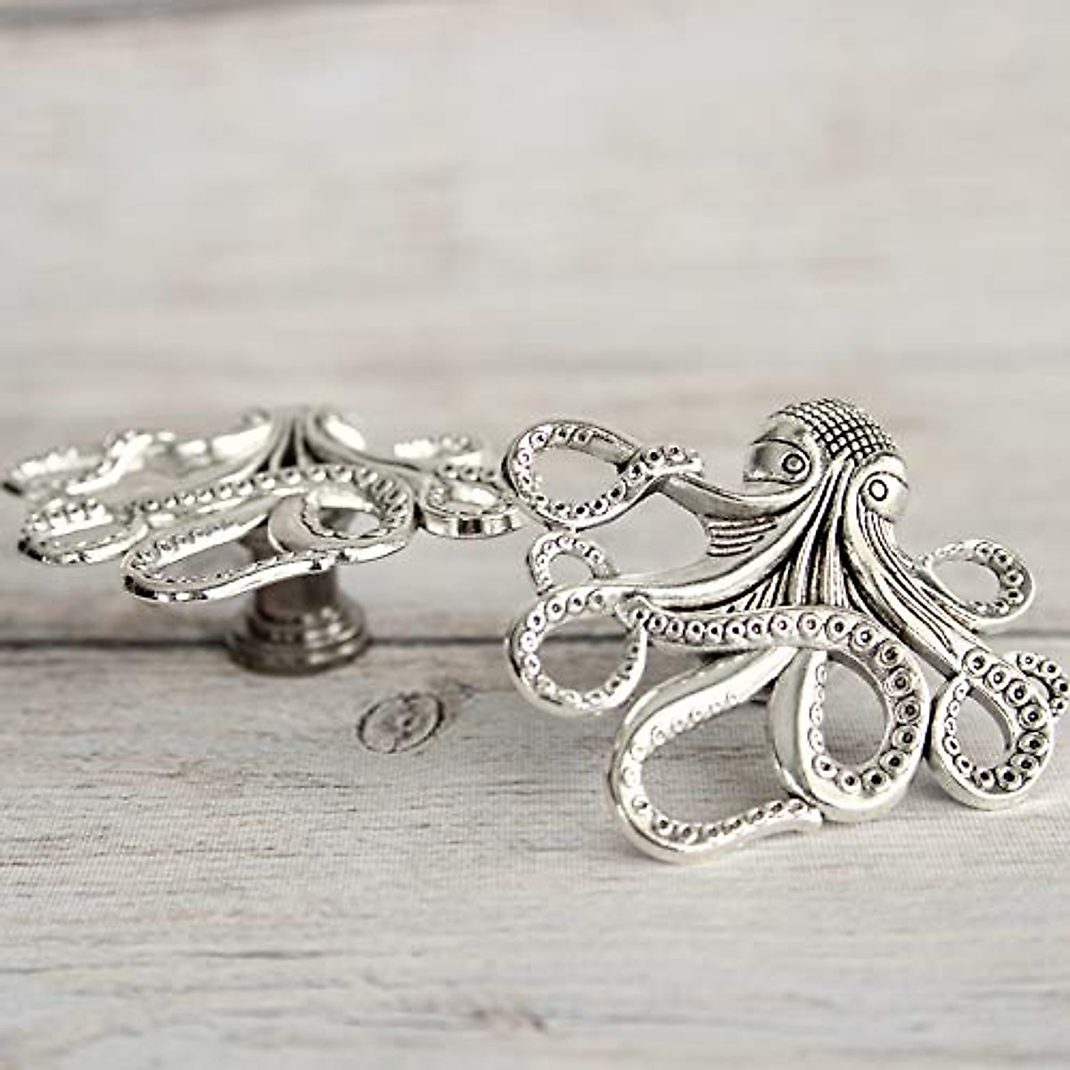 SET of 2 Antique Silver Octopus Drawer Knobs - Nautical Cabinet Knobs Octopus
