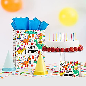 12.6" Large Happy Birthday Gift Bags with Tissue Papers and Card for Boys Girls and Kids(Dinosaur)