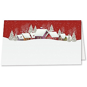 Christmas Place Cards with Vintage Snowy Christmas Village and Pine Trees. Pack of 50 Tent Style Cards for Holiday Dinner, Brunch, Party, or Any Occasion. No Holder Necessary.