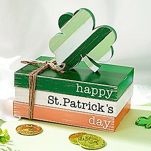 Whaline St. Patrick's Day Wooden Tiered Tray Decor Faux Decorative Stacked Books Bundle Happy St. Patrick's Day Wooden Block Sign with Shamrock for Irish Holiday Kitchen Home Table Decor