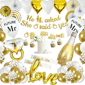 Engagement Party Decorations Gold He Asked She Said Yes Banner Bridal Shower Wedding Decorations Cake Toppers and Mr. & Mrs. Balloons Sash
