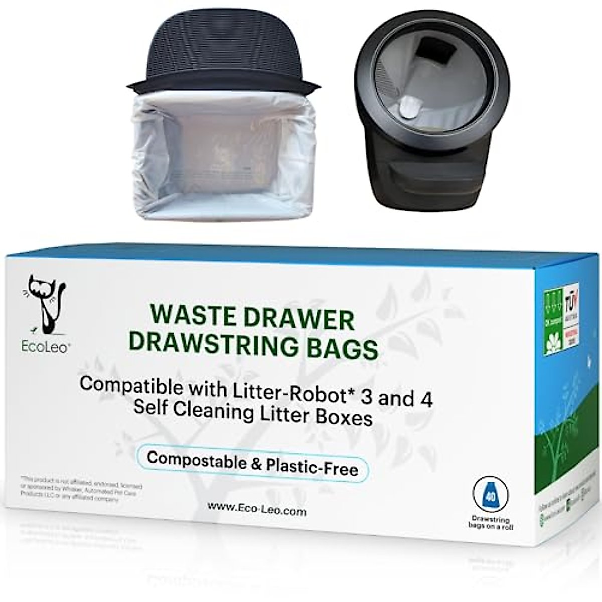 EcoLeo Liners, Compatible with Litter-Robot 4 & 3, Compostable, Plastic-Free bags with Drawstrings, Thick, for Automatic Litter Box Waste Drawers (Robot 4 & 3, 40-Count)