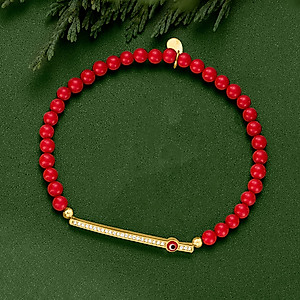 Ross-Simons 4mm Simulated Red Coral Bead and .10 ct. t.w. CZ Evil Eye Stretch Bracelet With Enamel in 18kt Gold Over Sterling