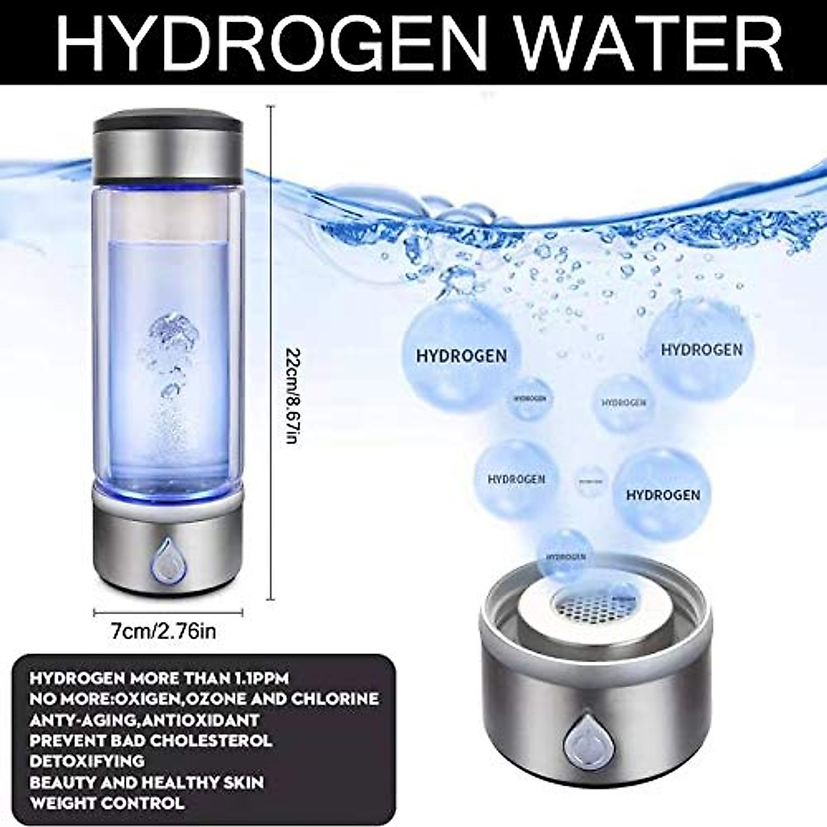 Portable Hydrogen-Rich Water Cup Generator,Up to 1500PPB with New SPE PEM Technology, Rechargeable Water Machine Ionizer,Health Cup Glass Water Bottles with Alkaline Energy (380ml)