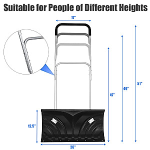 GYMAX Snow Shovel, Rolling Snow Pusher for Driveway, Heavy Duty Snow Plow Shovel with 26” Wide Blade, Built-in Wheels & Adjustable Handle, Wheeled Ergonomic Snow Removal Tools