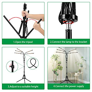 fyheart Grow Lights for Indoor Plants,Full Spectrum Grow Light with Adjustable Stand and Sturdy Clip,5 Light Tube,3 Light Modes,10 Dimmable Brightness,4/8/12 H Timer,360° Gooseneck,Remote Control