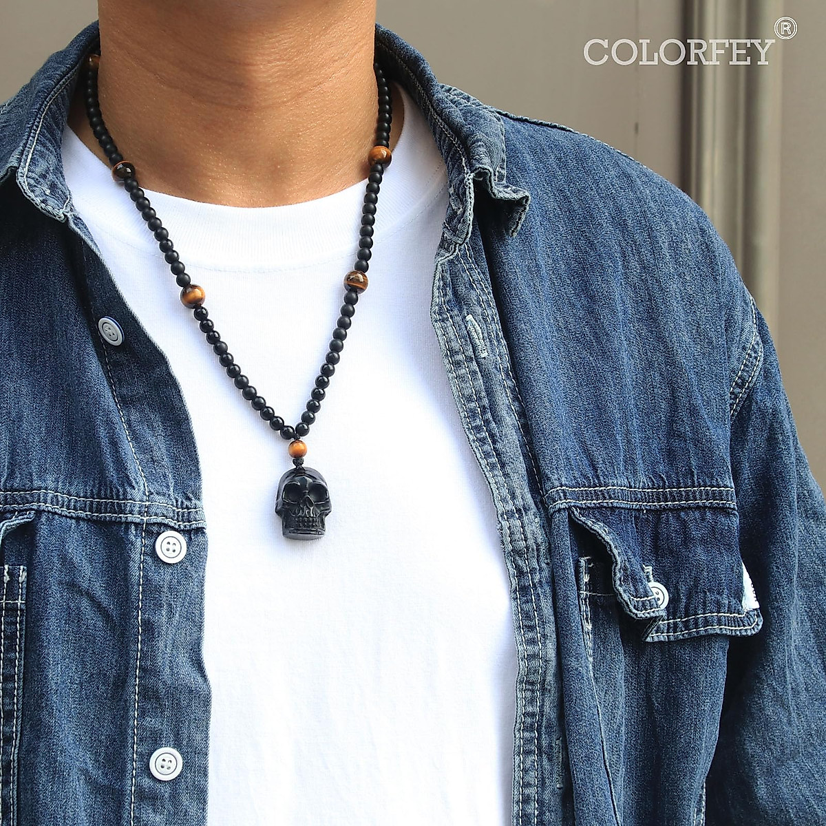 Obsidian Skull Necklace for Mens, Triple Protection Crystal Necklace with Genuine Obsidian Tiger Eye and Black Onyx Stone, Natural Mens Beads Necklace to Bring Luck, Prosperity and Happiness
