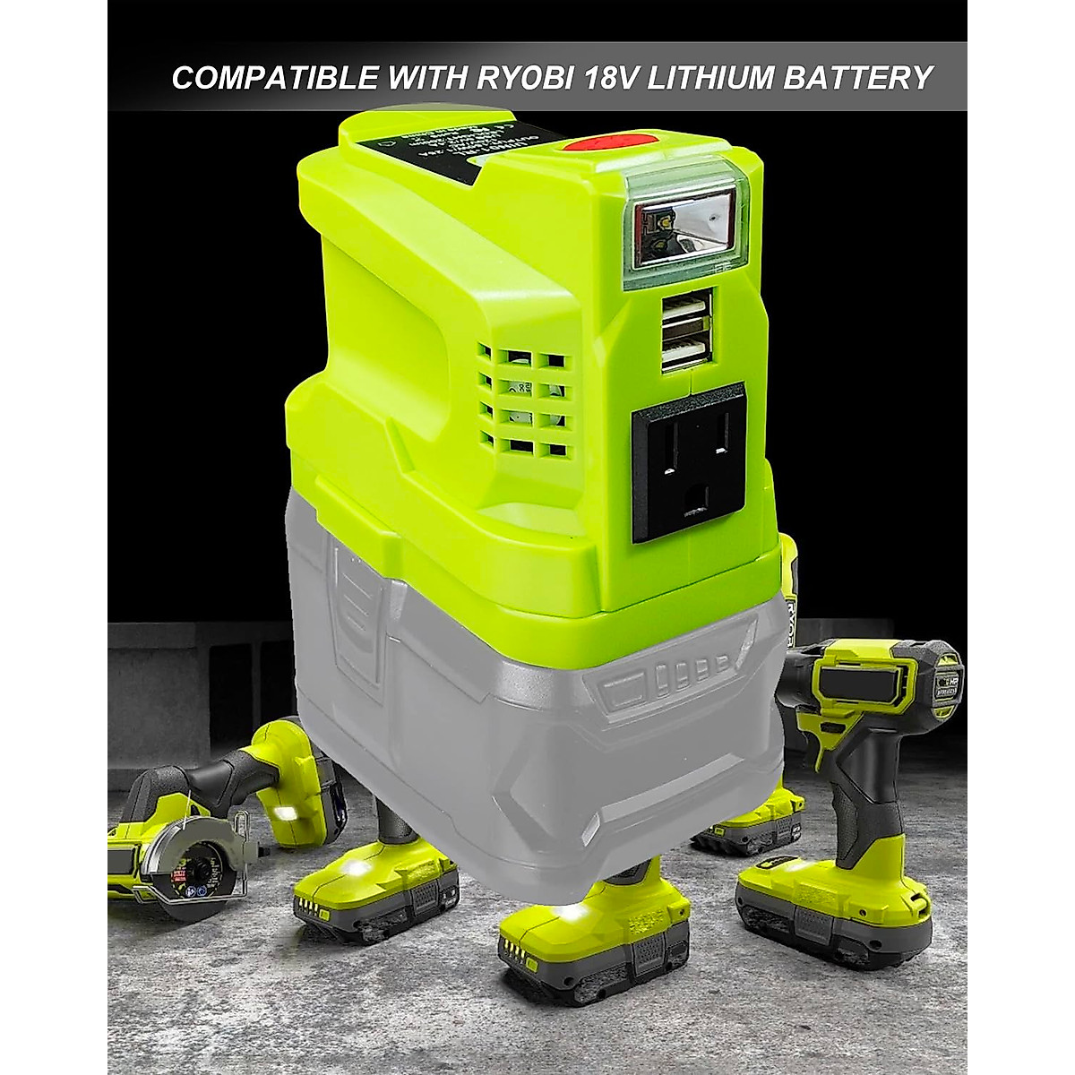 150W Power Inverter Generator Fit for Ryobi 18V Lithium Battery, DC 18V to AC 110V-120V Portable Power Station, with 2 USB & AC Outlet & 200LM LED Light Modified Sine Wave Power Inverter
