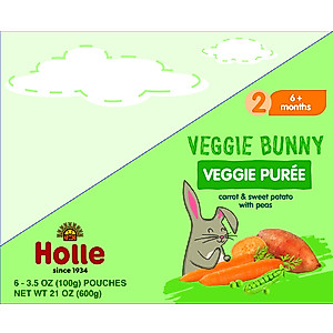 Holle Organic Baby Food Pouches - Veggie Bunny Baby Puree with Carrots, Peas and Sweet Potato - (6 Pack) Organic Baby Snacks + Fruit and Veggie Pouches for Weaning Babies 6 Months and Older