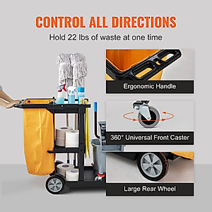 VEVOR Cleaning Cart, 3-Shelf Commercial Janitorial Cart, 200 lbs Capacity Plastic Housekeeping Cart, with 25 Gallon PVC Bag, 47" x 20" x 38.6", Yellow+Black