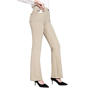 BALEAF Womens Khaki Work Pants Yoga Dress Pants Bootcut Pull On Slacks Petite Business Casual Office Trouser Pockets 29" M