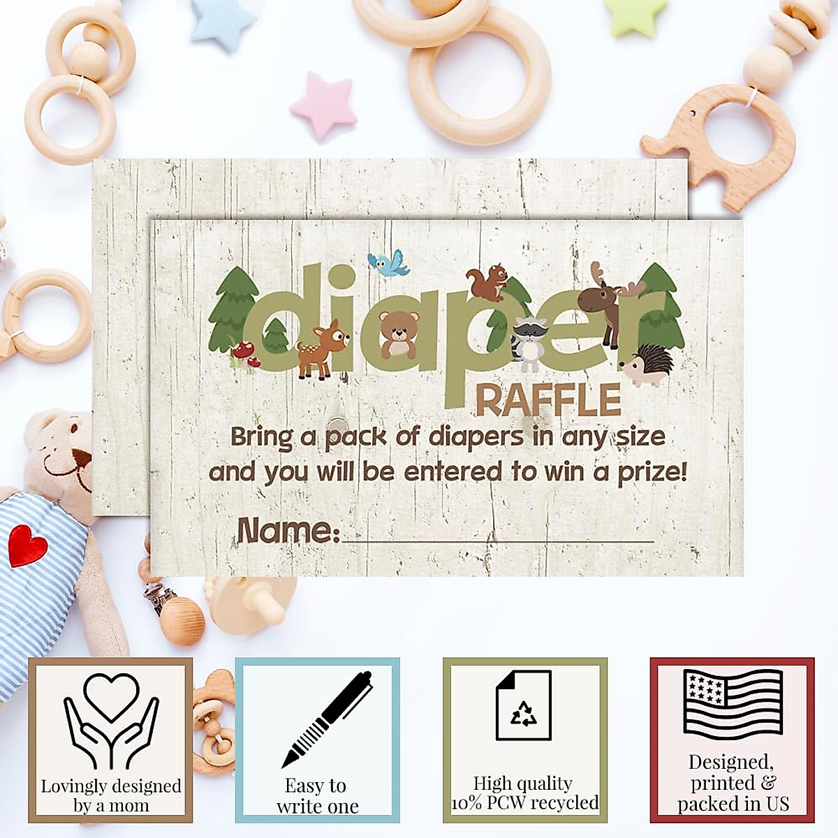 Woodland Forest Animals Diaper Raffle Tickets for Baby Showers, 20 2" X 3” Double Sided Insert Game Cards, Bring a Pack of Diapers to Win Favors & Prizes!