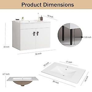 NOTOP 30" Bathroom Vanity with White Ceramic Sink Comb, Modern Freestanding Solid Wood Single Set,Included Two Soft Close Cabinet Doors,Metal Legs, 25IN