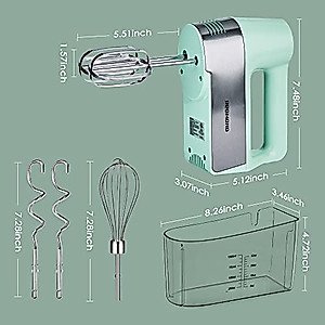 REDMOND Hand Mixer Electric, 5-Speed Hand Mixer with Measuring Storage Case, Kitchen Handheld Mixer Includes Dough Hooks, Whisk and Beaters for Cream, Cake, Cookies, Eggs 250W Hand Mixer with Measuring Box, HM018 Mint Green