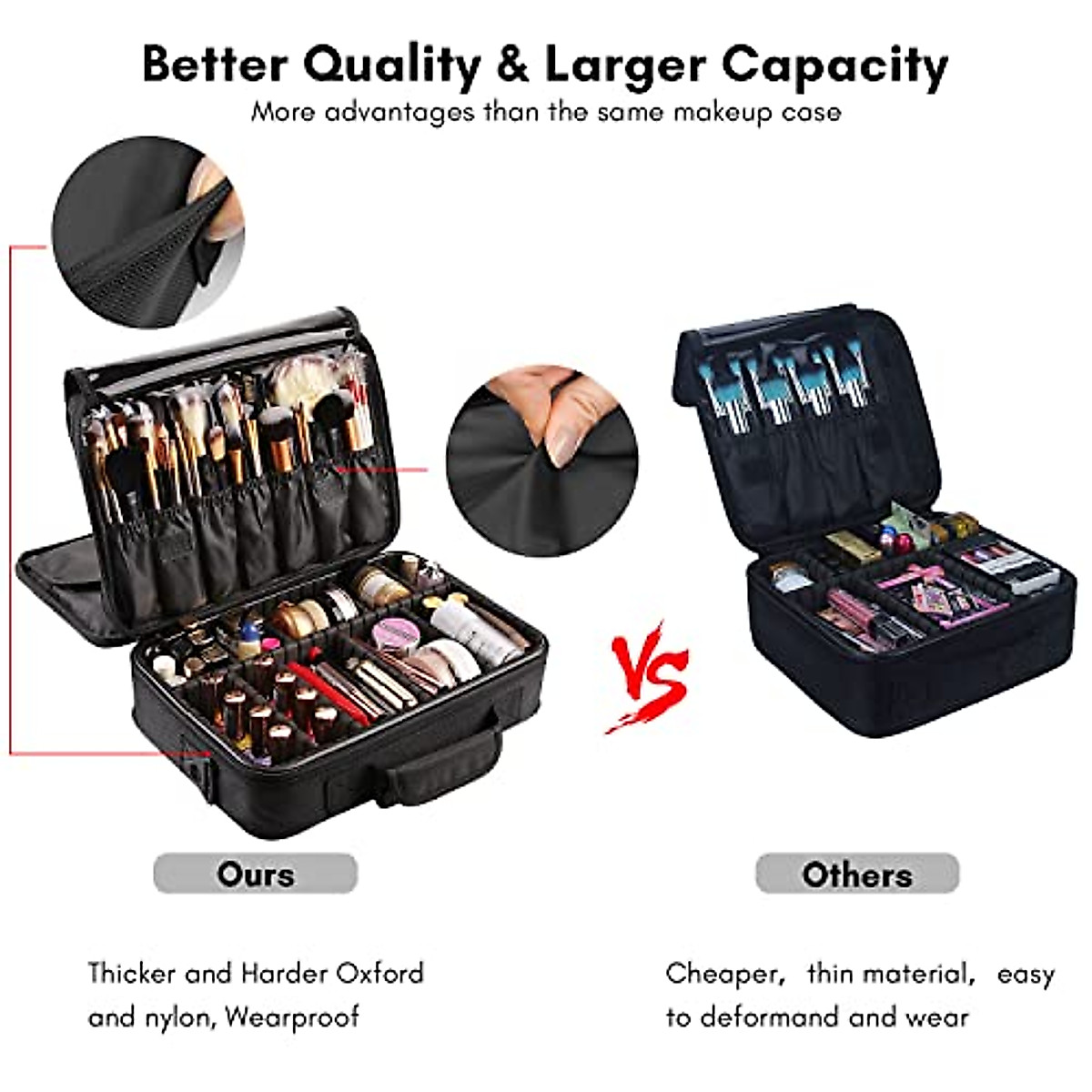 VASKER Makeup Travel Organizer Large Makeup Bag Professional Makeup Train Case Travel Cosmetic Organizer 3 Layers Waterproof Portable Makeup Artist Storage Box Adjustable Dividers Gift for Women