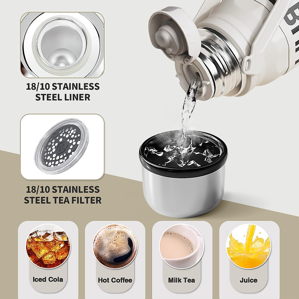 GOOM The Grip 32 oz Water Bottles for Hot and Cold Drinks,18/10 Stainless Steel Insulated Water Bottle with Lid, Carrying Strap,Strainer,7-Layer Insulation,Wide Mouth - White