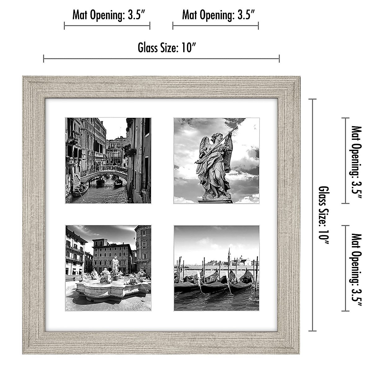 Americanflat 10x10 Collage Picture Frame in Driftwood - Displays Four 4x4 Frame Openings - Engineered Wood Square Picture Frame with Shatter Resistant Glass, and Includes Hanging Hardware for Wall