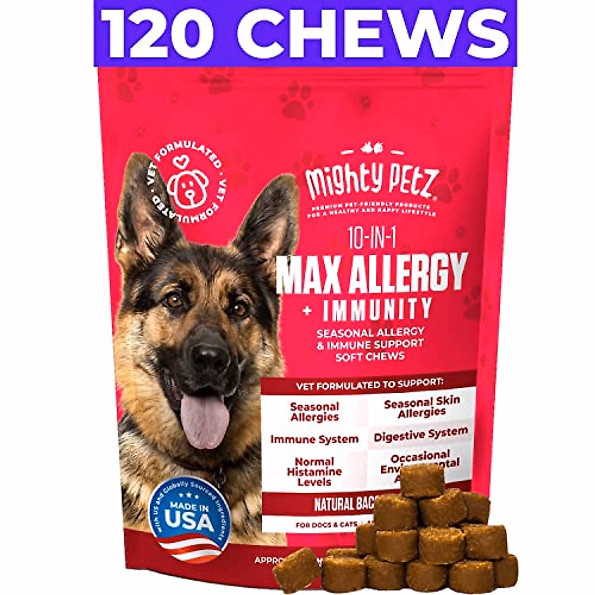 Mighty Petz MAX Dog Allergy Relief Chews - Itch Free Skin - Immune Supplement with Omega 3 Fish Oil + Probiotics + Colostrum. Skin & Coat Health + Digestion.120 Dog Allergy Chews for Pets