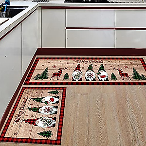 2 Piece Gnome Kitchen Rug Set Merry Christmas Indoor Floor Mats for Winter, Xmas Door Mat Runner Rug Carpet Mat for Kitchen Home Decor (15.7" x 23.6"+15.7" x 47.2") - Snowflake Tree Retro Wooden Board