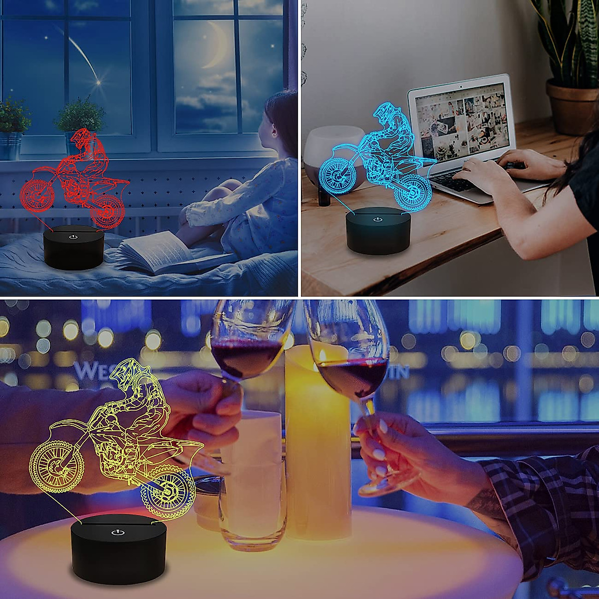 FULLOSUN Dirt Bike Gifts, Motocross 3D Night Light for Kids for Xmas Holiday Birthday Gifts for Kids Motorcycle Fan with Remote Control 16 Colors Changing + 4 Changing Mode + Dim Function