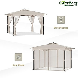 LATTOY Metal Patio Gazebo 10'x12' Waterproof Canopy Shelter with Double Roof and Steel Frame pergola Instant Shade Canopy Tent with Mosquito Nettings for Patio,Garden,Yard