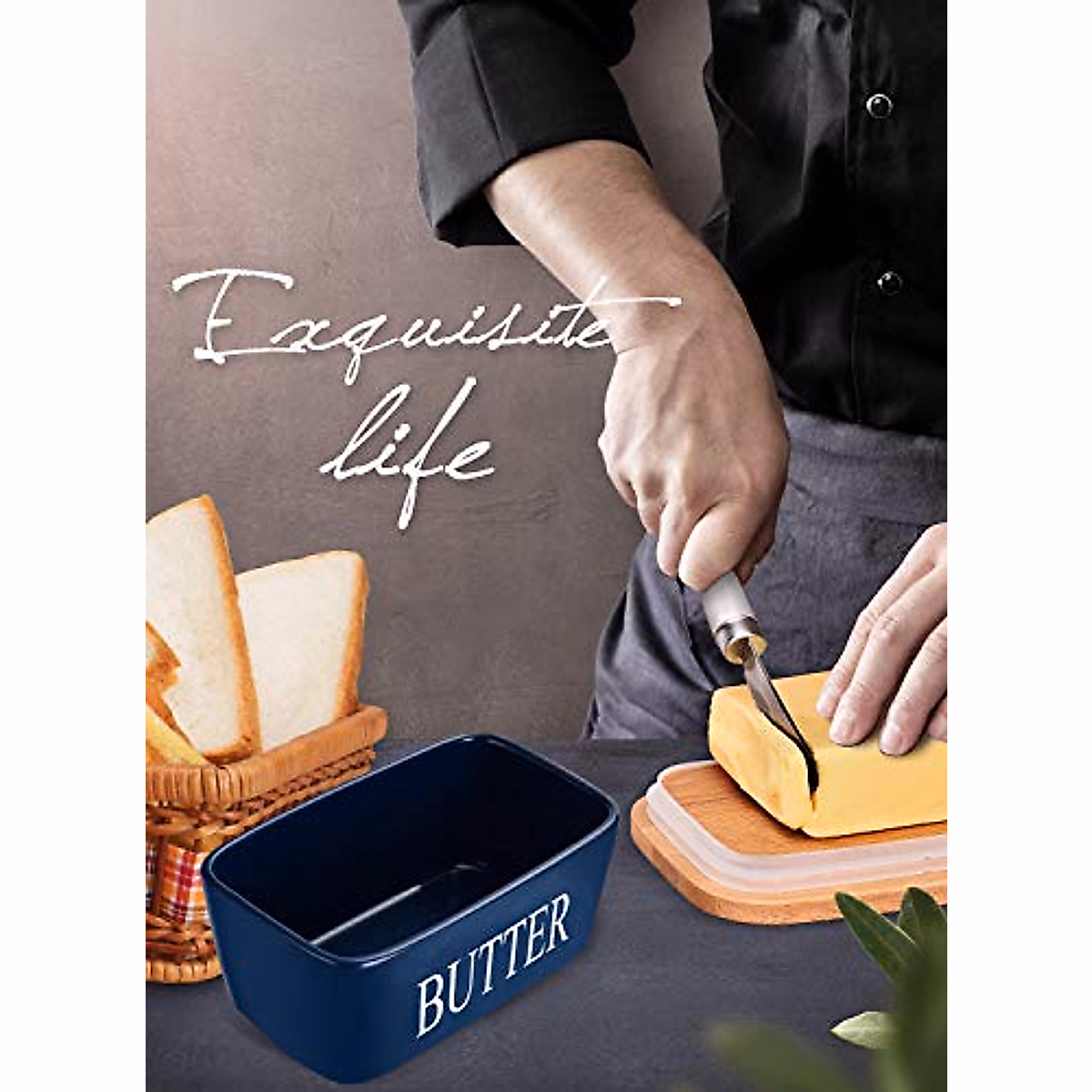 AISBUGUR Large Butter Dish with Lid Ceramics Butter Keeper Container with Knife and High- quality Silicone Sealing Butter Dishes with Covers Good Kitchen Gift Blue