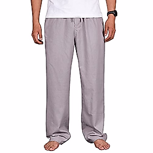Men's Drawstring Loose Linen Beach Pants Lightweight Elastic Waist Yoga Lounge Cotton Trousers Pajamas (Grey, Large)