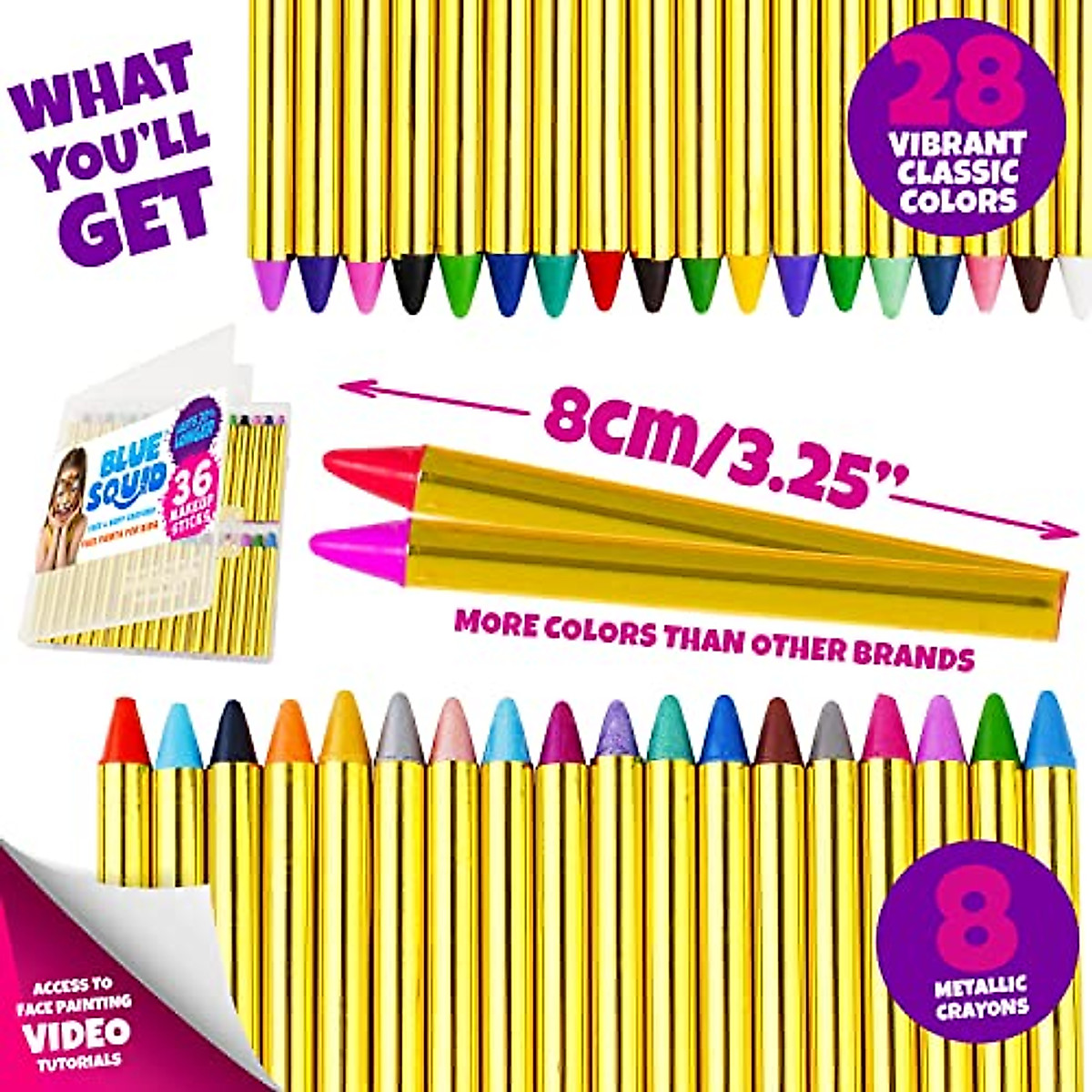 Face Paint Crayons for Kids, Blue Squid 36 Jumbo 3.25" Face & Body Painting Makeup Crayons, Safe for Sensitive Skin, 8 Metallic & 28 Classic Colors, Great for Birthdays & Halloween Makeup