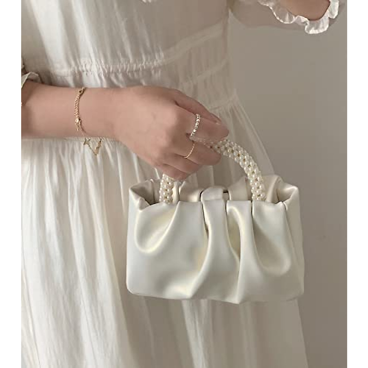 Beatfull Evening Purse Women Pearl Handbags Soft Leather Ruched Bag Bridal Clutch for Wedding Party Prom Crossbody Purses White