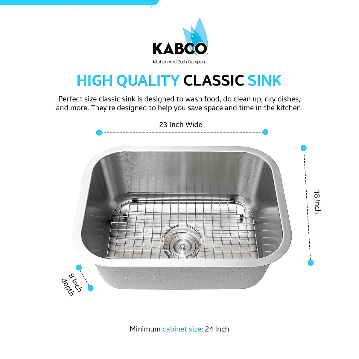 KABCO 23 Inch Single Bowl Stainless Steel Classic Kitchen Bar Sink, Rust, Sound and Heatproof Swirl Finish Stainless Steel Deep Sink with Kitchen Sink Strainer, Bottom Sink Grid and a Rolling Up Grid