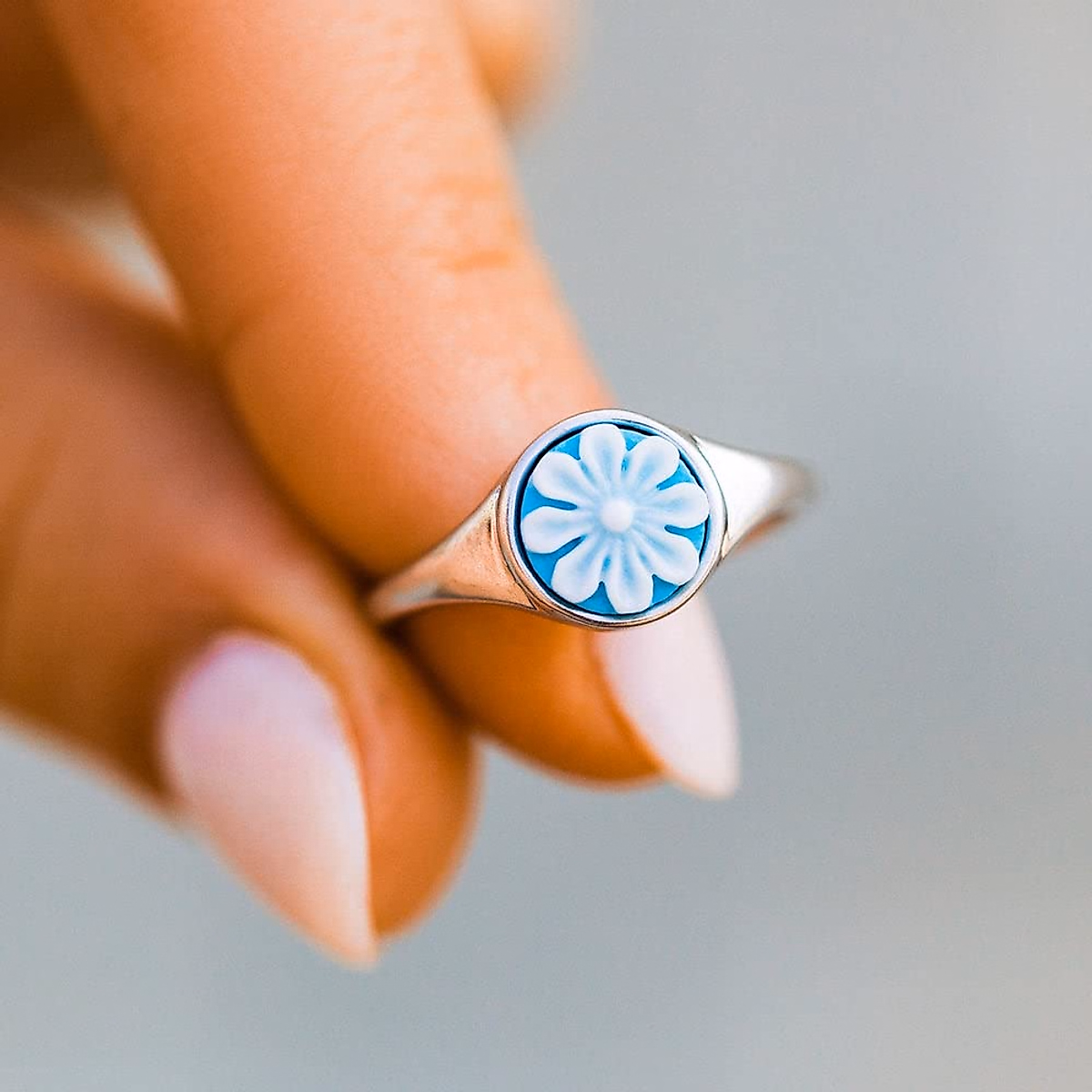 Pura Vida Silver-Plated Cameo Flower Stackable Ring - Brass Base, Stylish Design - Size 6