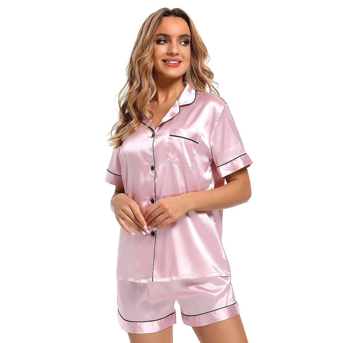 Finvizo Womens Silk Satin Pajamas Set: Soft Short Sleeve Two-piece Pjs Silky Button-down Sleepwear Loungewear Shorts Set,Pink S