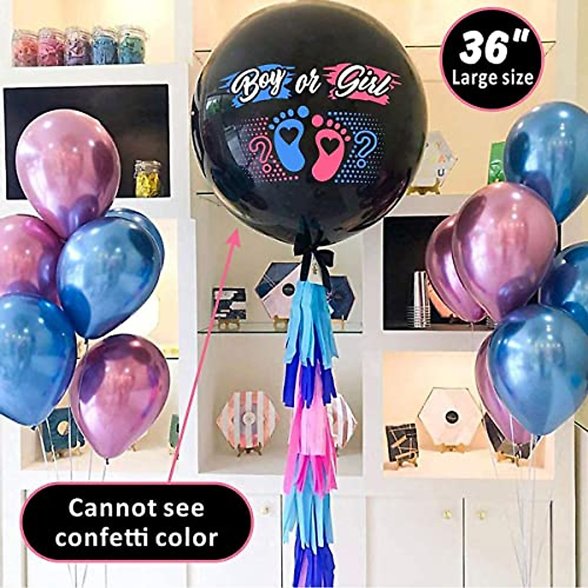 Lopeastar Gender Reveal Balloons Boy or Girl with Confetti and Dart, 2Pack 36inch Large Black Balloons Blue Pink for Gender Reveal Party Decoration