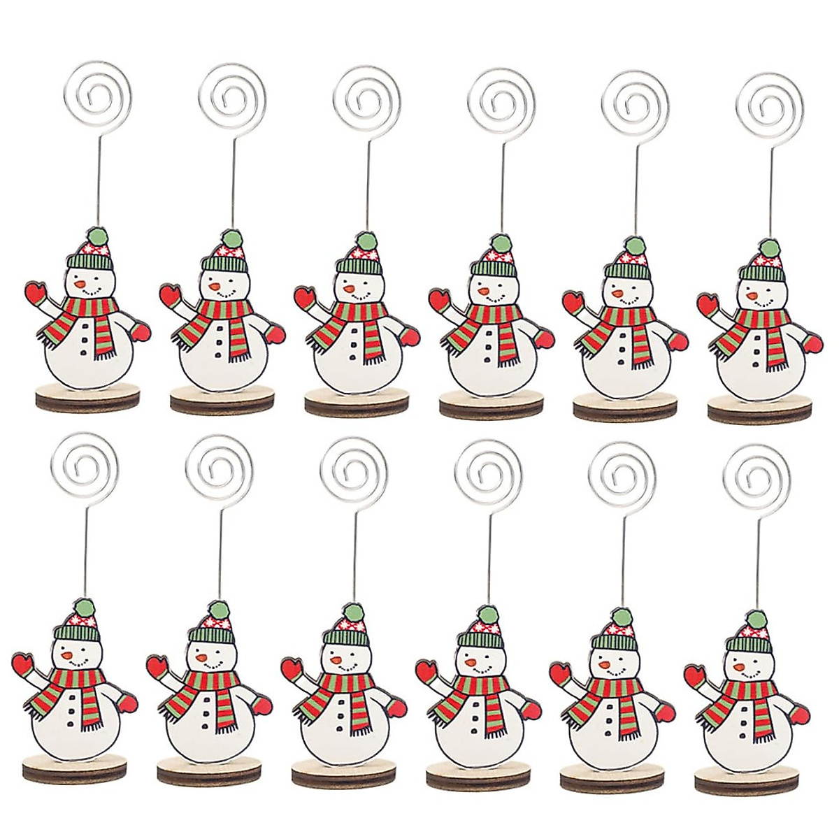 DOITOOL 12Pcs Christmas Place Card Holders, Christmas Wood Place Card Holders with Swirl Wire, Christmas Snowman Note Photos Stand for Xmas Party Wedding Party Decoration (Snowman)