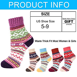 YANGYANG Wool Socks for Women, 5 Pairs Winter Warm Thick Crew Knit Socks Vintage Cozy Soft Cute Nordic Cabin Gifts