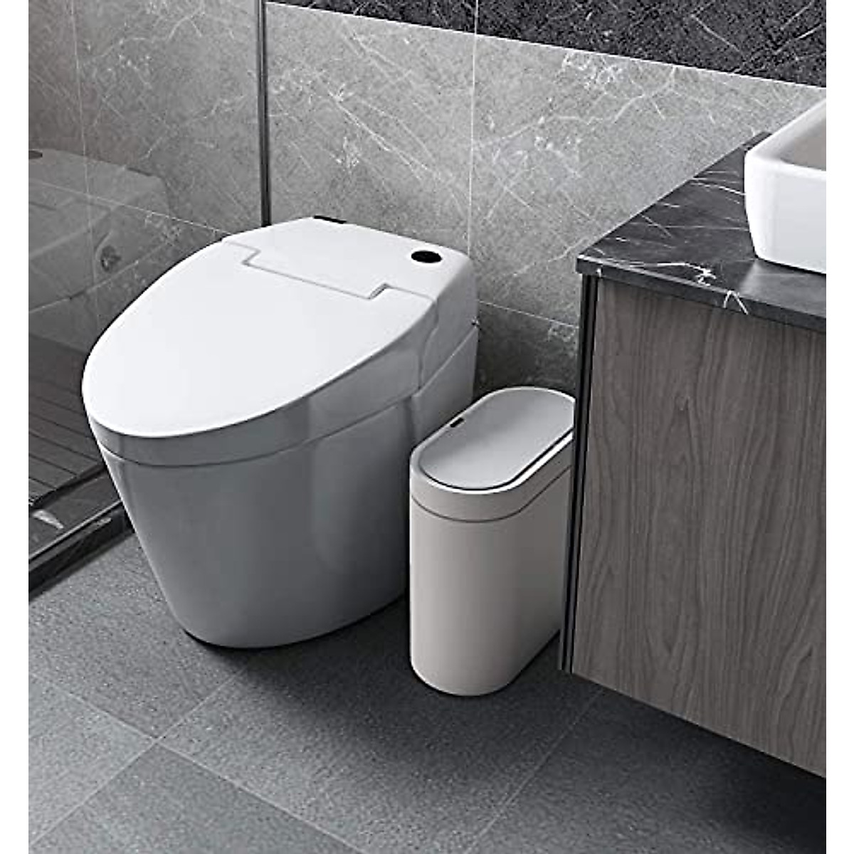 ELPHECO Bathroom Trash Can, 2.5 Gallon Waterproof Motion Sensor Small Bathroom Trash Can with Lid, Slim Plastic Narrow Bedroom Trash Can Office Trash Can, White