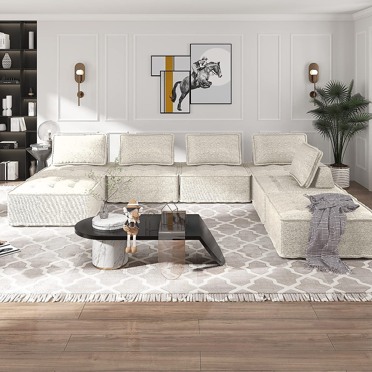 Mixoy Convertible U/L Modular Sectional Sofa, Variable 7-Seater Sofa Couch with Soft Oversized Seat, Free Combination Armless Sectional Sofa for Living Room, Bedroom (Beige, 7PCS)