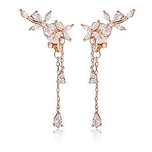 Clip on Earrings non Pierced Fringe Dangle Tassel Drop Cubic Zirconia Flower Women Rose Gold
