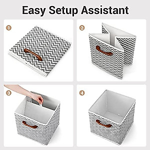MaidMAX Cloth Storage Bins Cubes Baskets Containers with Wooden Handle for Home Closet Bedroom Drawers Organizers, Foldable, Gray Chevron, Set of 6