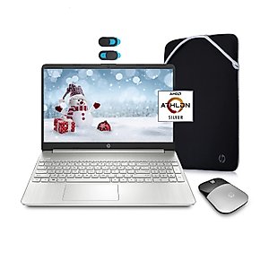 HP 2021 15.6" HD Laptop Computer, AMD Athlon Silver N3050U, 4GB RAM, 128GB SSD, HDMI, USB-C, Webcam, Windows 10 S with Office 365 for 1 Year, Mouse, Sleeve + YSC Accessory (Silver)