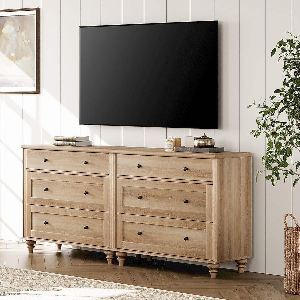 WAMPAT Dresser for Bedroom with 6 Drawers, Oak Kids Dressers with Wide Chest of Drawers, Mid Century Modern Wooden Closet Storage Organizer, Large Wood Dressers for Living Room, Nursery, Hallway