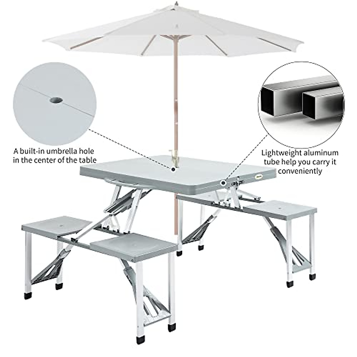 Outsunny Portable Foldable Camping Picnic Table Set with Four Chairs and Umbrella Hole, 4-Seats Aluminum Fold Up Travel Picnic Table, Grey