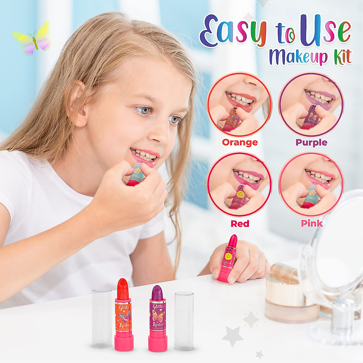 Hot Focus Toddler Makeup Kit - Girls Makeup Kit with Mood Change Lipsticks and Colorful Eyeshadow Palette - Kid-Friendly, Washable Little Girl Makeup & Pretend Play Set (Applicator Included)